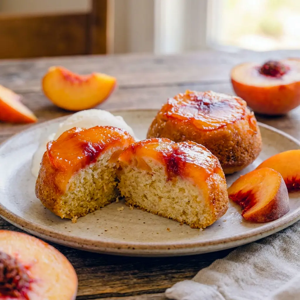 Peach Upside Down Mini Cakes | Muffin Tin Peach Cobbler Dessert - 9am Chef